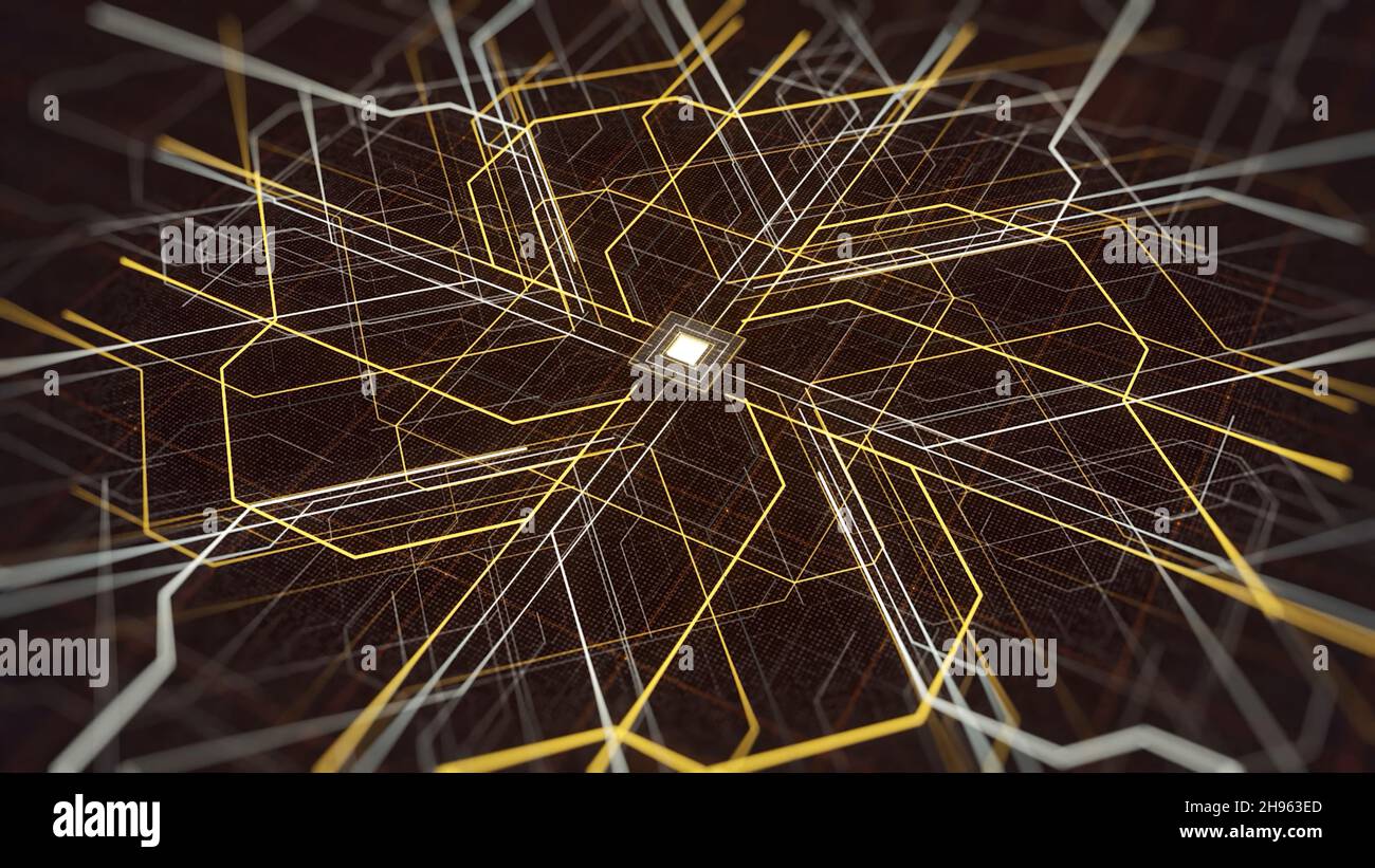 Neon moving lines of computer circuit. Animation. Diagram of neural computer networks moving in ...