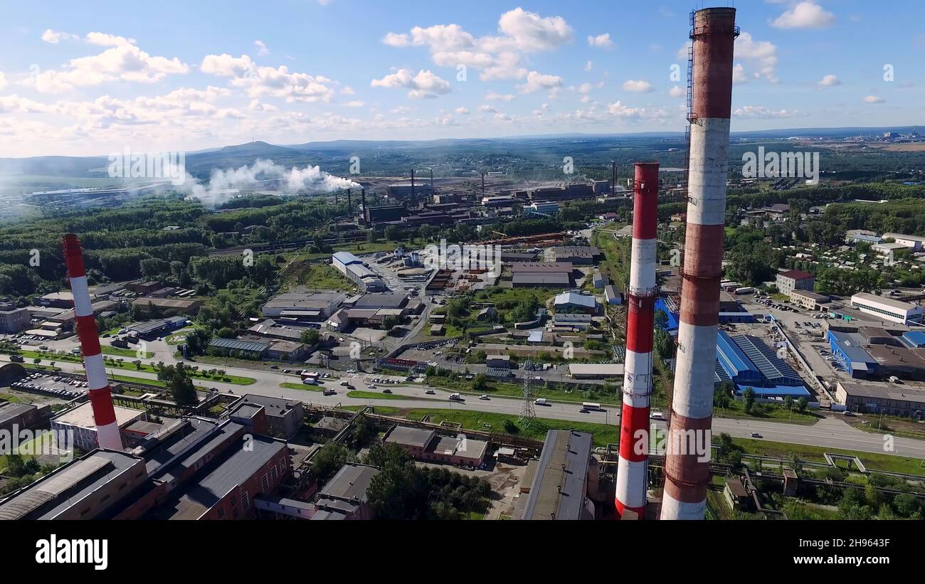 Panoramic top view of the industrial landscape of technological pipes ...