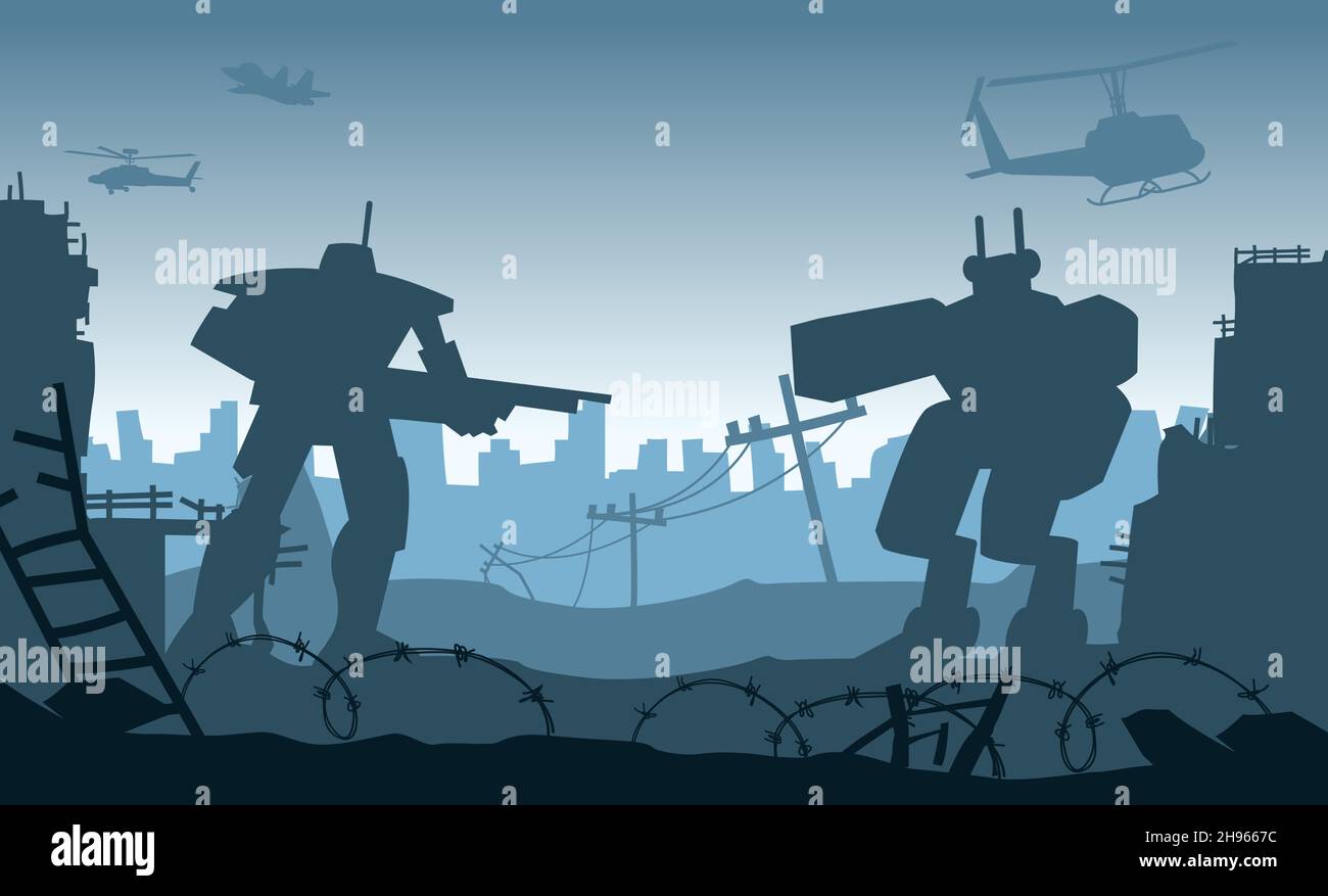 Silhouette design of robot are fighting in destroyed city after of war ... Silhouette design of robot are fighting in destroyed city after of war ...
