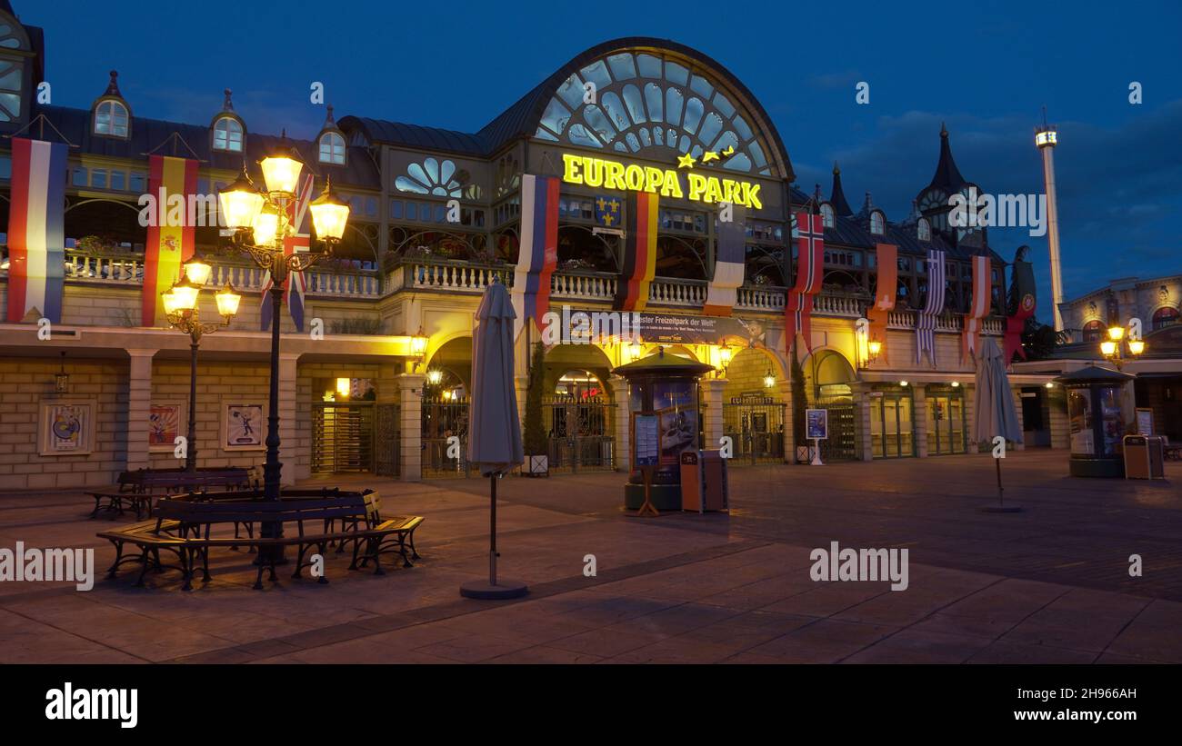 Rust, Germany-July 6.21: illuminated entrance gate to Europa-Park at ...