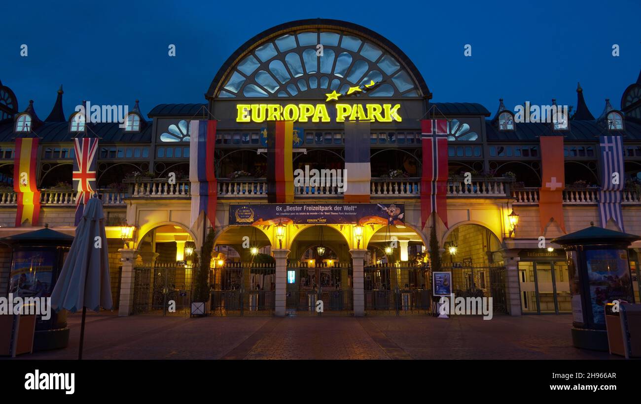 Rust, Germany-July 6.21: illuminated entrance gate to Europa-Park at ...