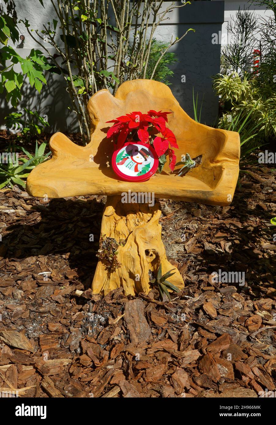 freeform wood chair, made from tree, poinsettia and snowman Christmas ...