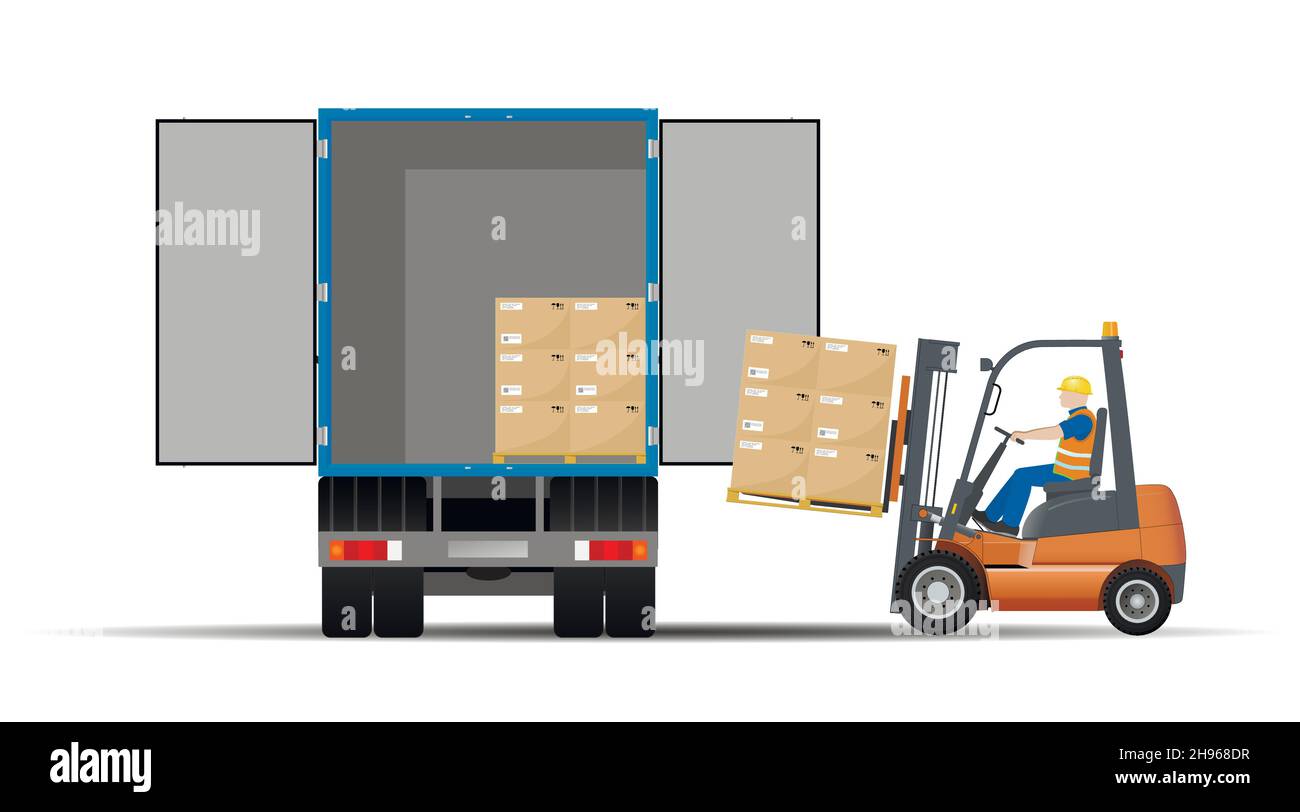 Forklift loading pallets with cardboard boxes, rear view. Logistics and ...