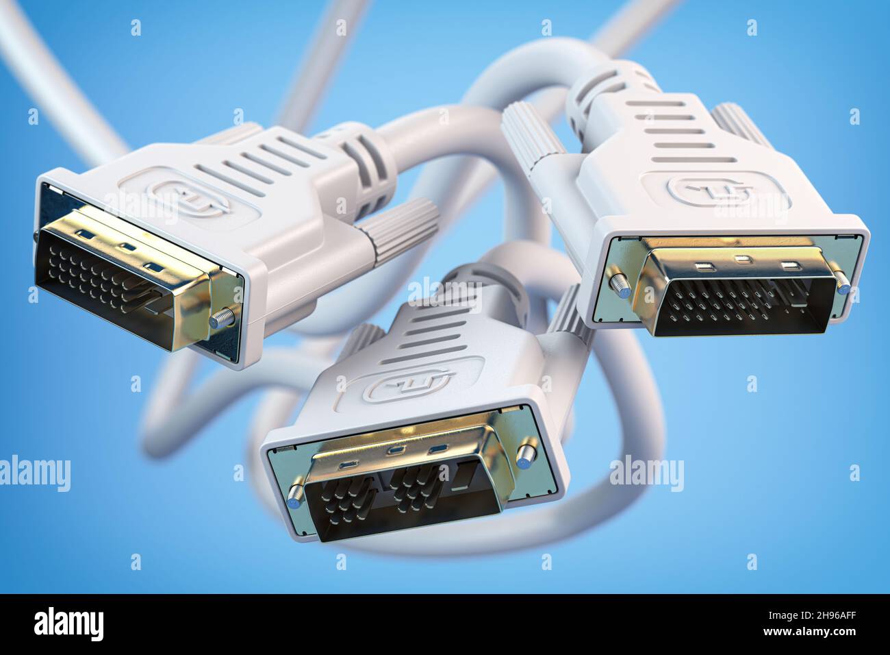 White DVI cable video monitor connectors on blue background. 3d ...