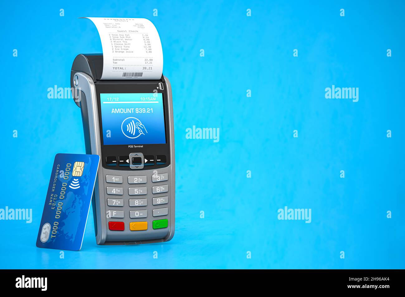 POS point of sale terminal for credit card payment on blue background ...