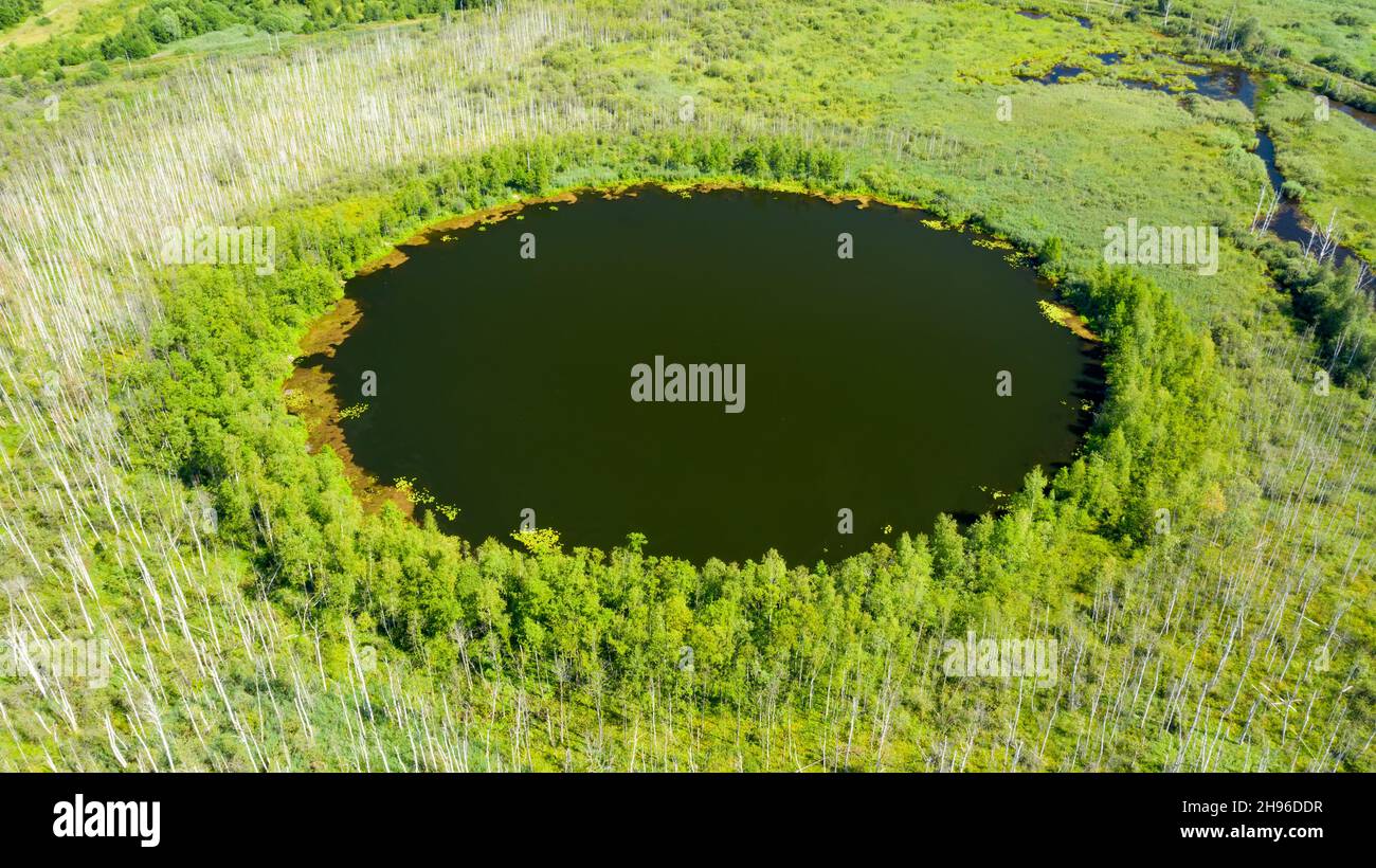 Aerial view of Bottomless Lake in forest of Solnechnogorsk District ...