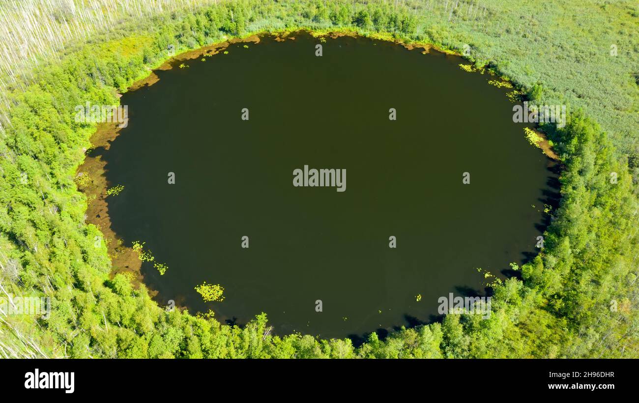 Aerial view of Bottomless Lake in forest of Solnechnogorsk District ...