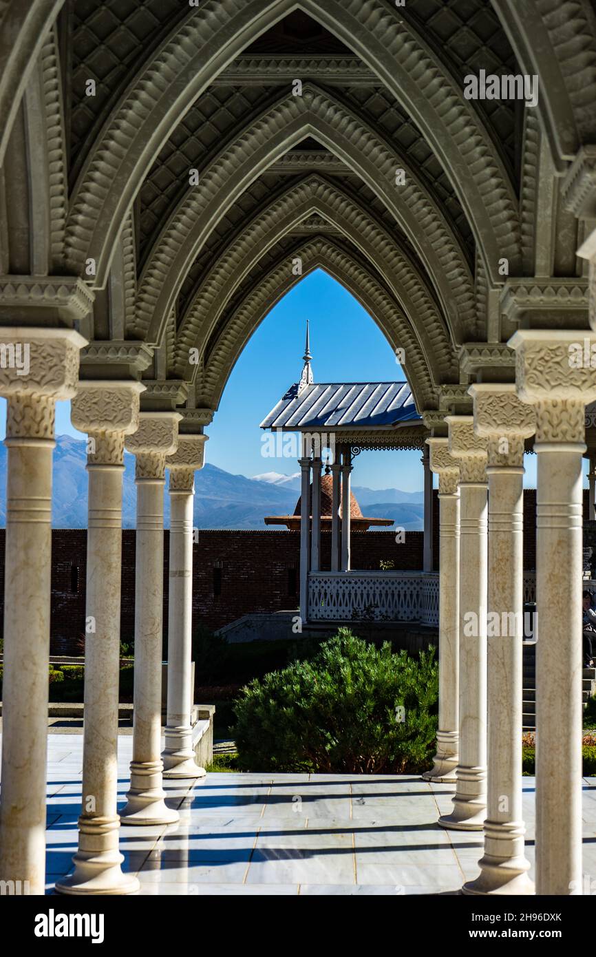 Famous arches with carving ornaments in arch hallway in medieval castle ...