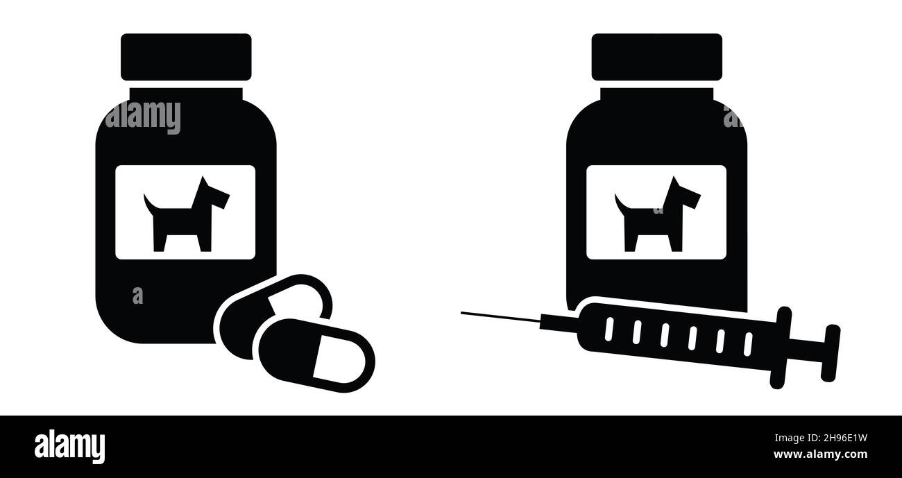 Dog medicine bottle and pills and injection needles. Container with ...