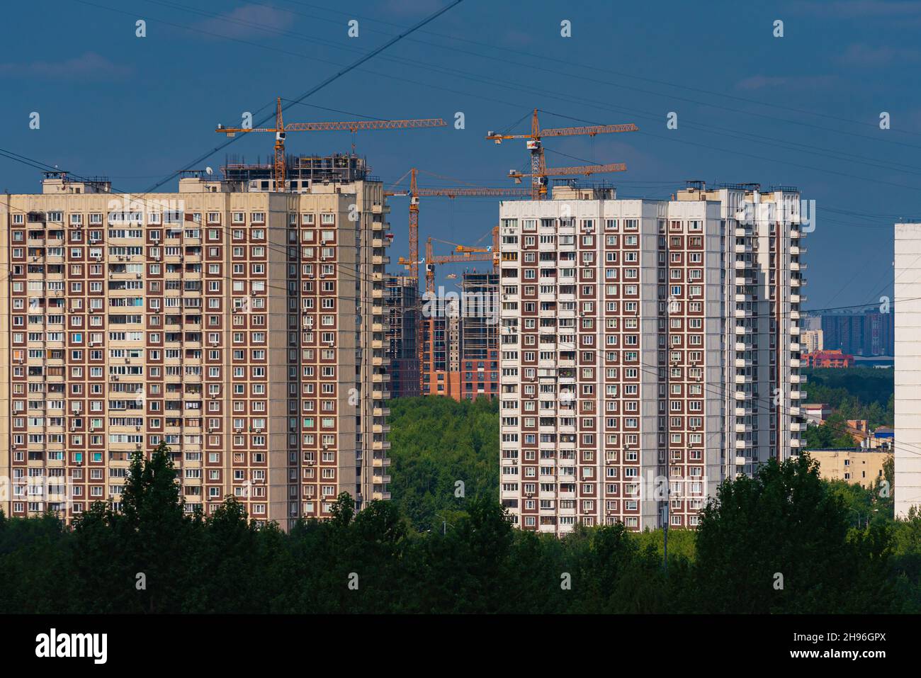 New buildings in the south-west of Moscow. Various stages of ...