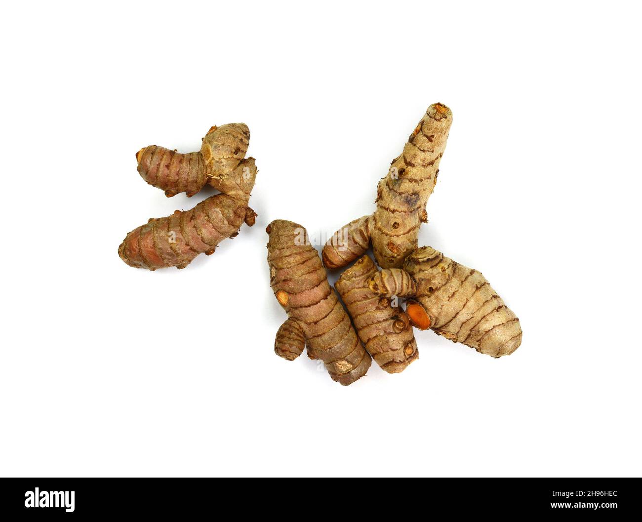 Fresh turmeric roots isolated on white background. Sliced fresh ...