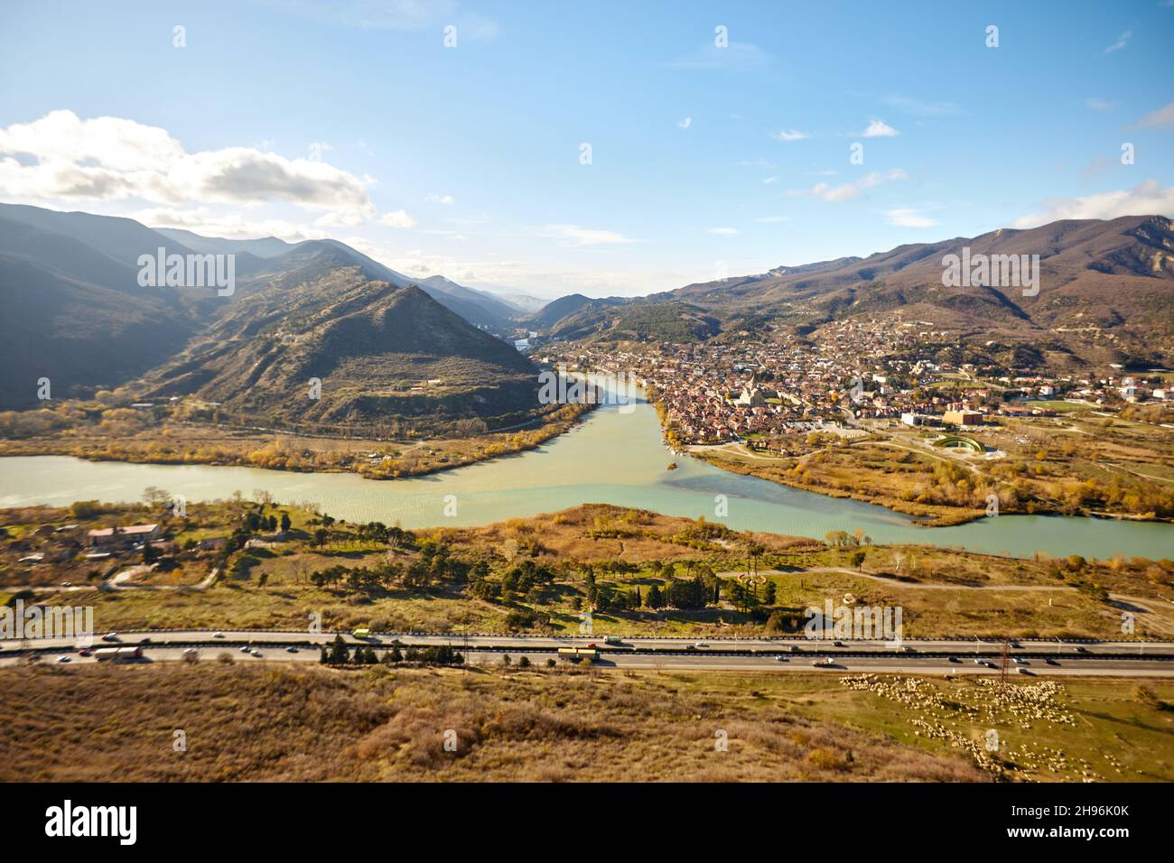 View from afar of the town of Mtskheta, the UNESCO world heritage city ...