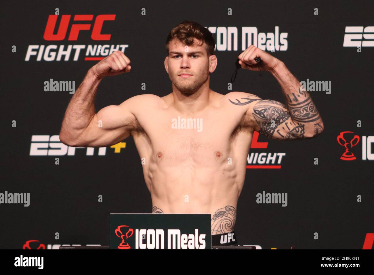 LAS VEGAS, NV - DECEMBER 3: Jake Matthews poses on the scale during the ...