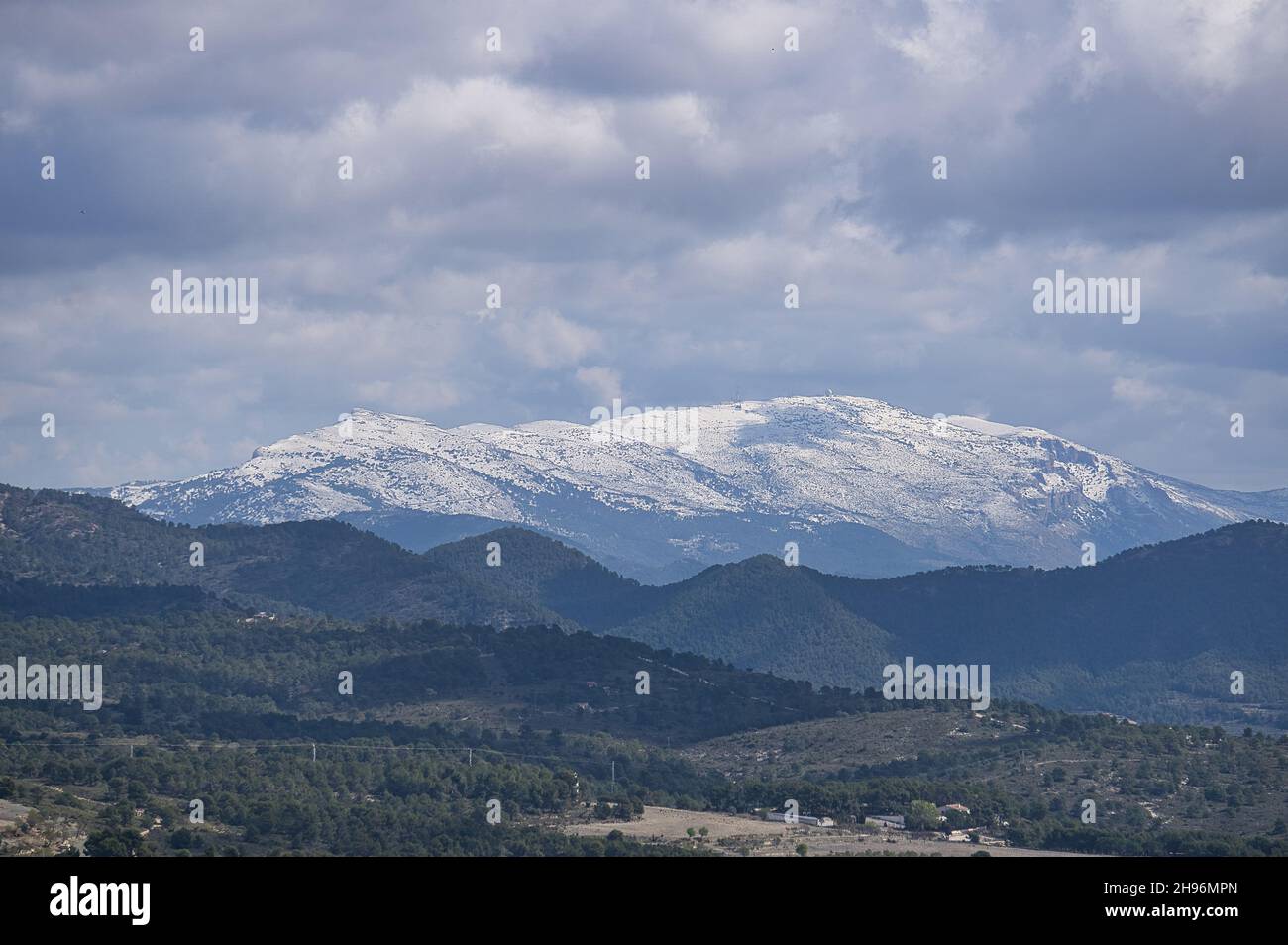 mountain views with the snowy summit in the town of Alicante, Spain ...