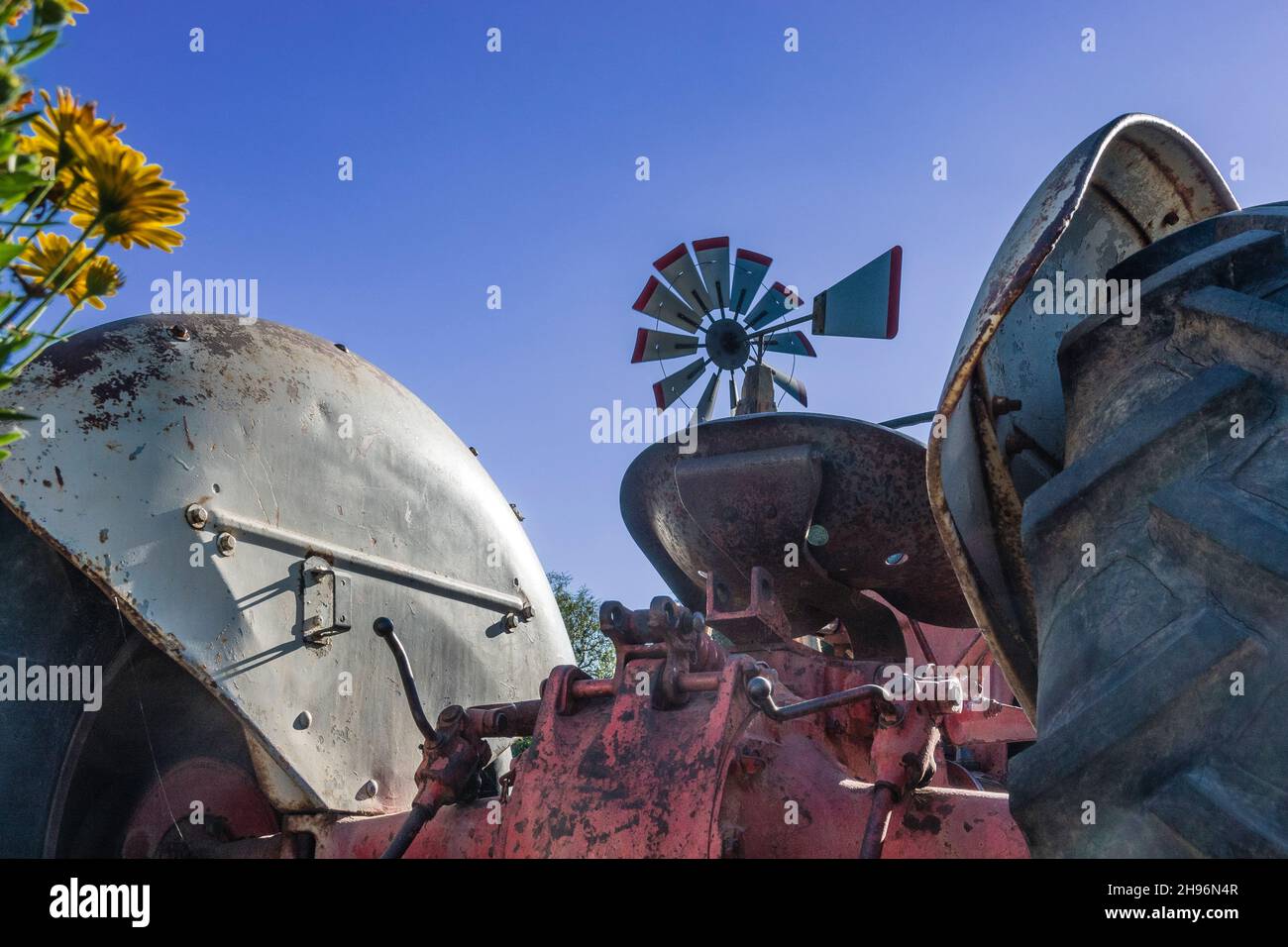 A detail of antique tractor with an old windmill in the background in ...