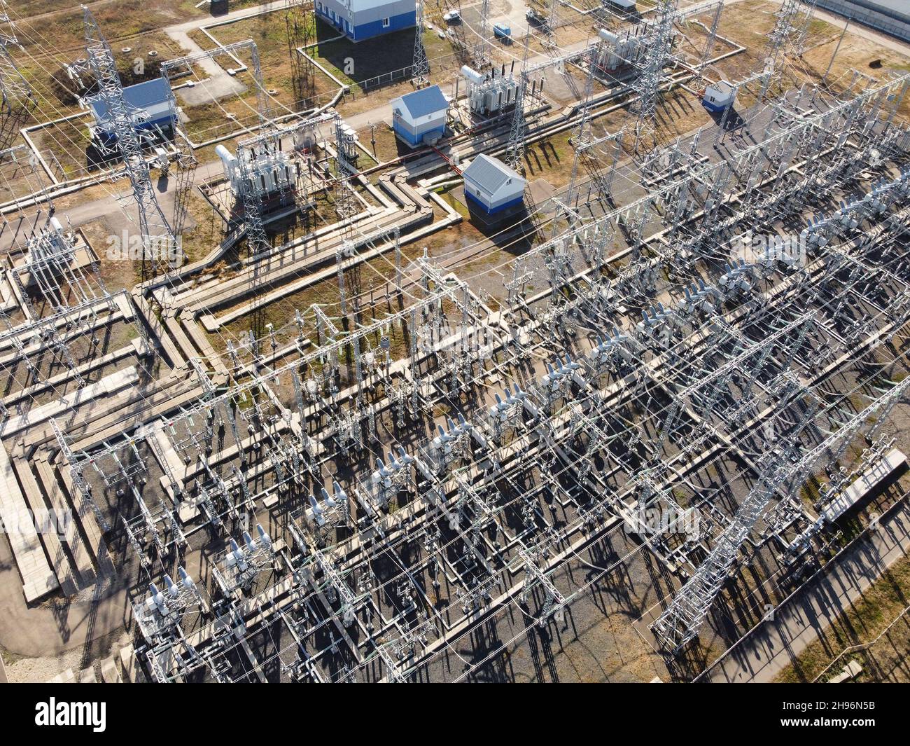 Electric transformation substation aerial view Stock Photo - Alamy