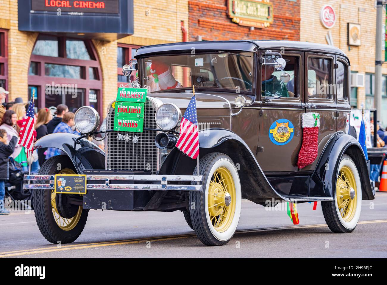 Oklahoma, DEC 4, 2021 - Antique car driving in Cowboy Christmas Parade ...