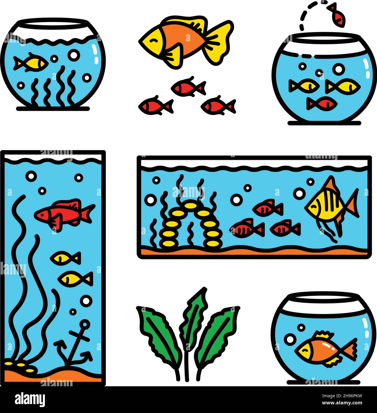 Aquarium tanks simple color icons set, different types of aquariums ...