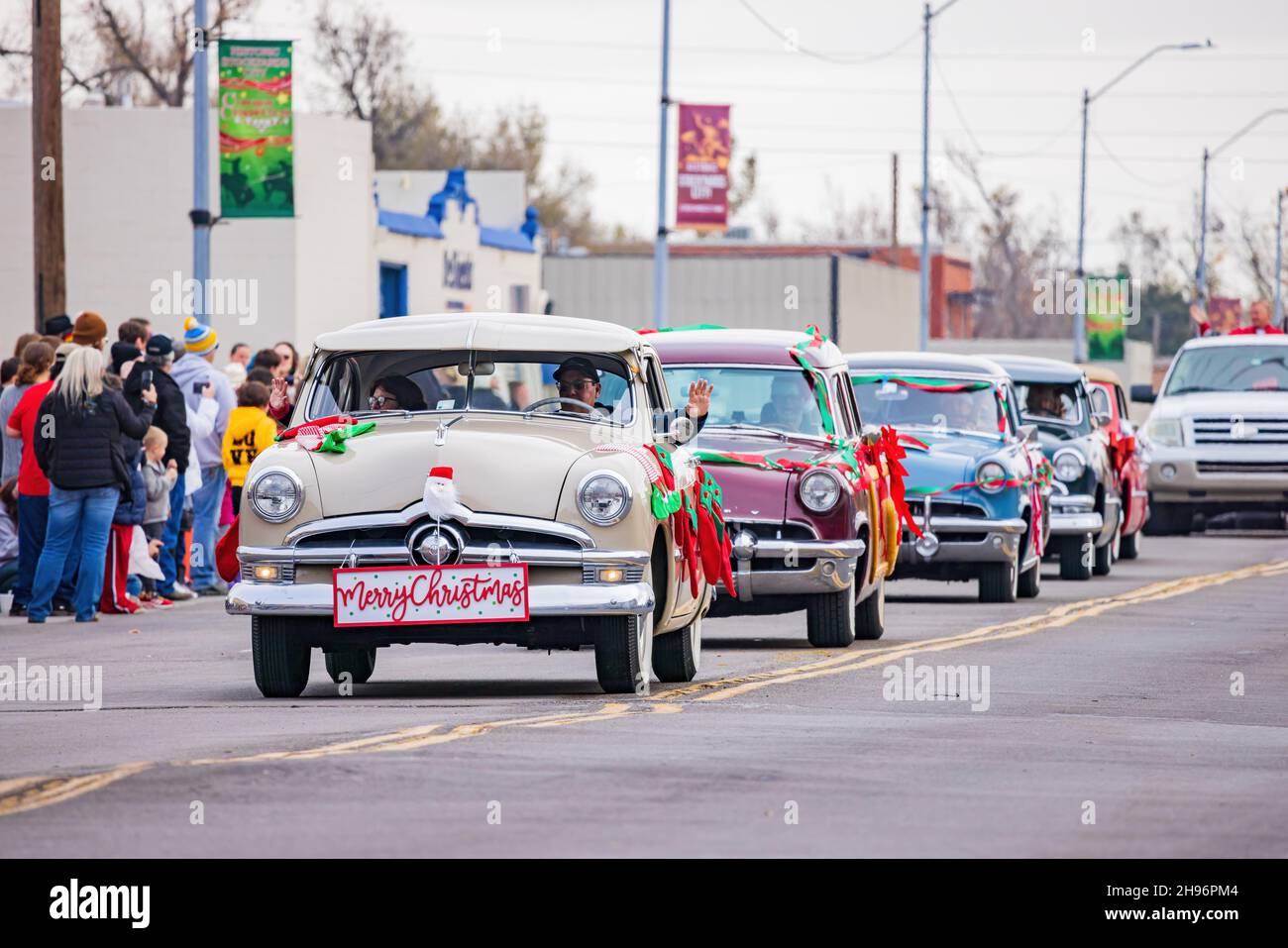 Oklahoma, DEC 4, 2021 - Antique car driving in Cowboy Christmas Parade ...