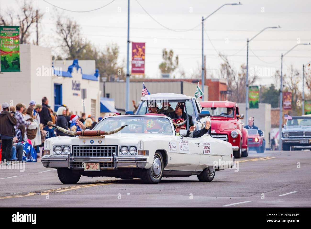 Oklahoma, DEC 4, 2021 - Antique car driving in Cowboy Christmas Parade ...
