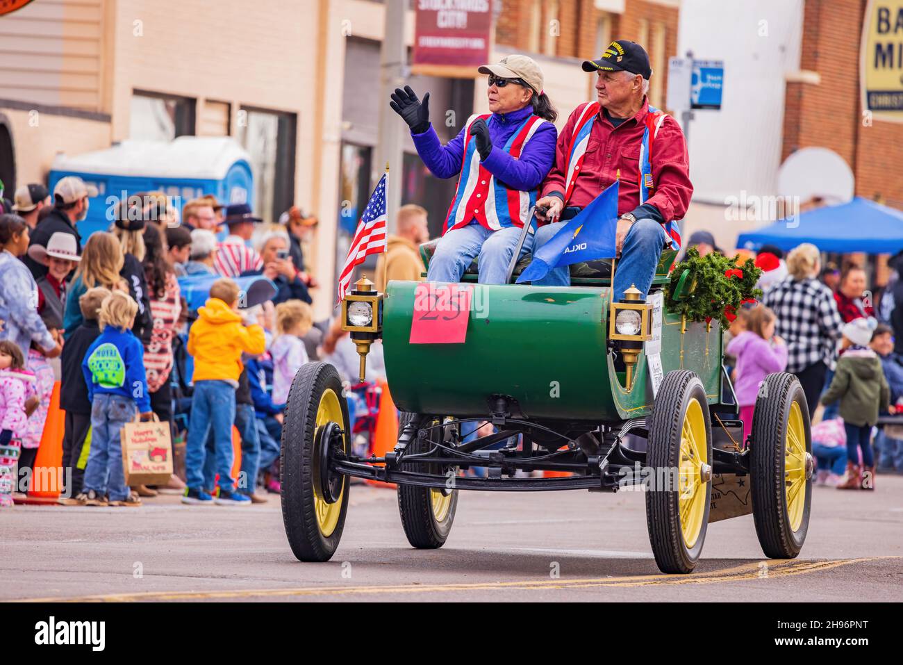 Oklahoma, DEC 4, 2021 - Antique car driving in Cowboy Christmas Parade ...