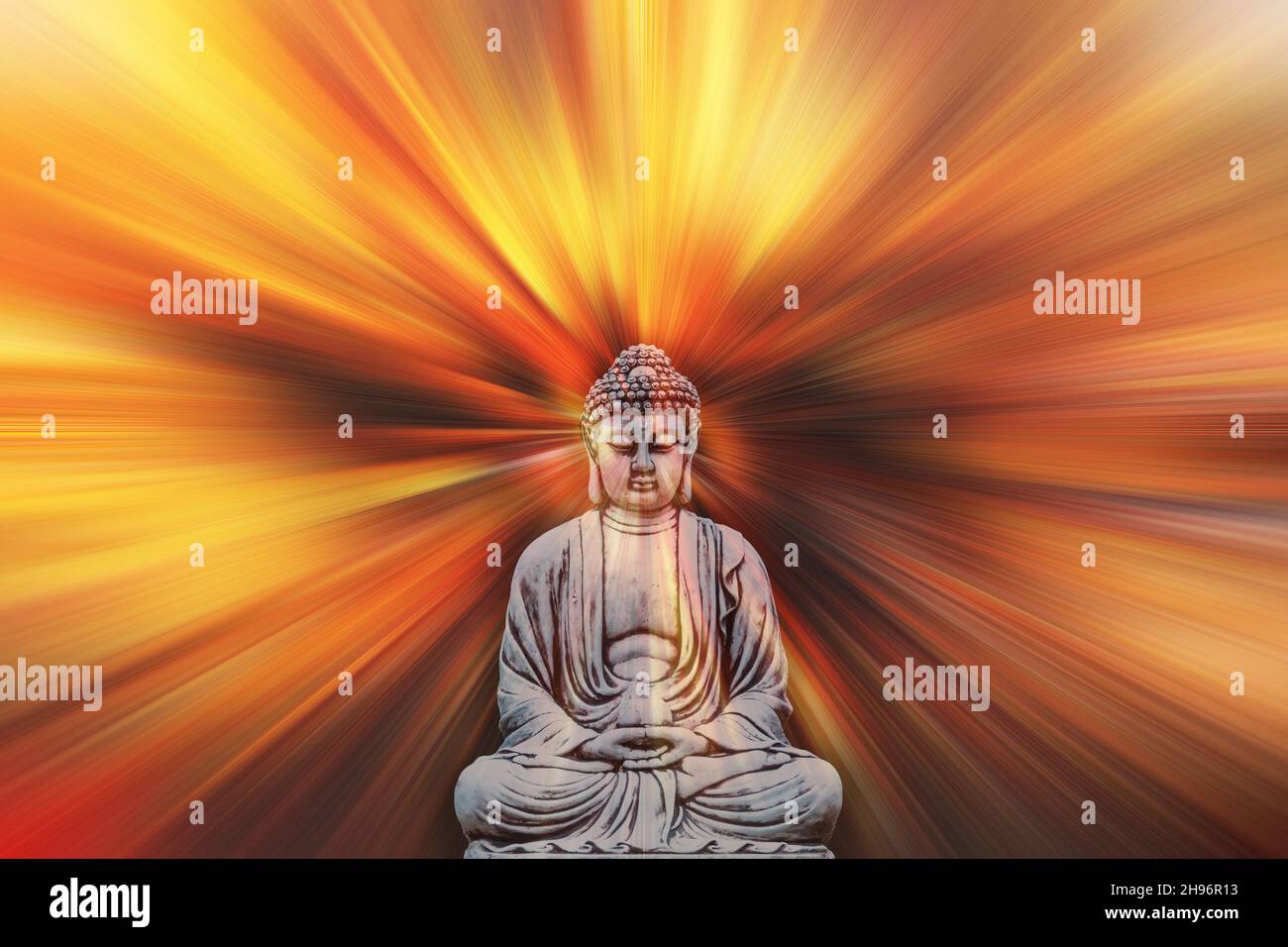Illustration with the sculpture of Buddha in the vibrant background ...