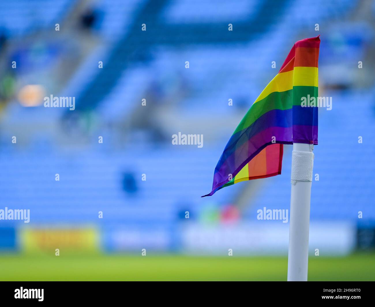 The corner flags at the CBS Arena in the LGBT colours Stock Photo - Alamy