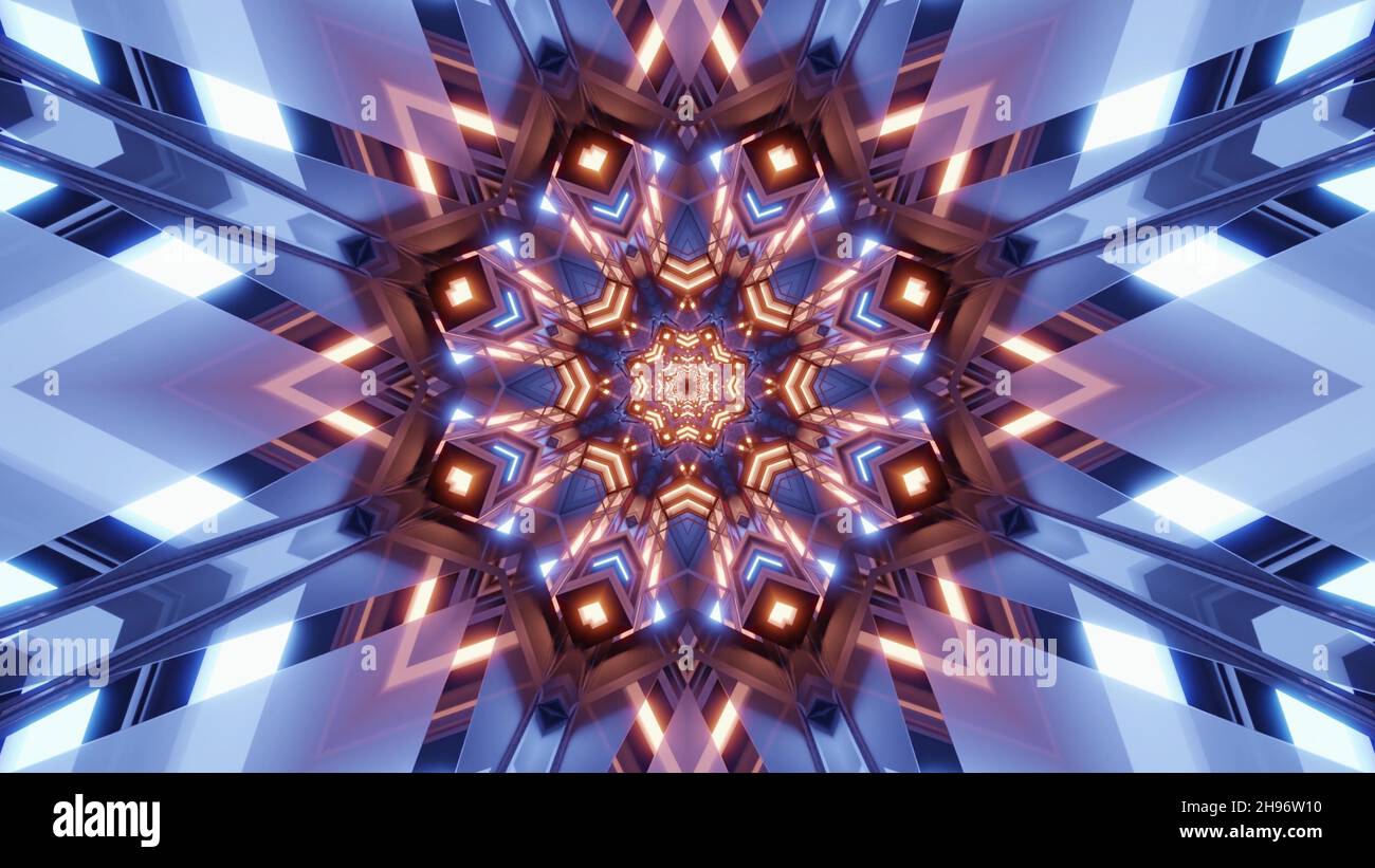 A 3d rendering of a futuristic kaleidoscope hallway towards a portal ...