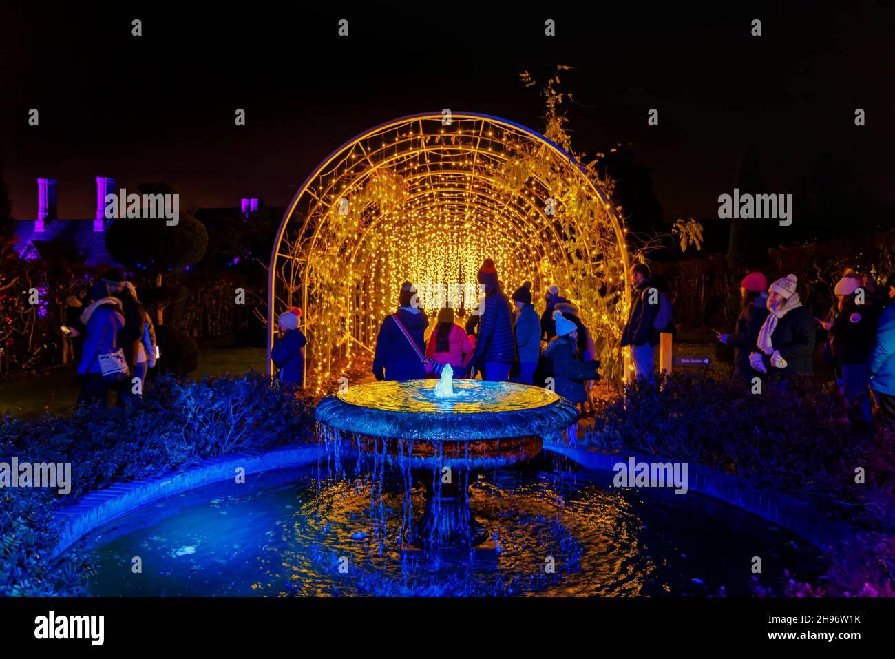 Fountain and arch with twinkling lights at Glow 2021, the annual ...