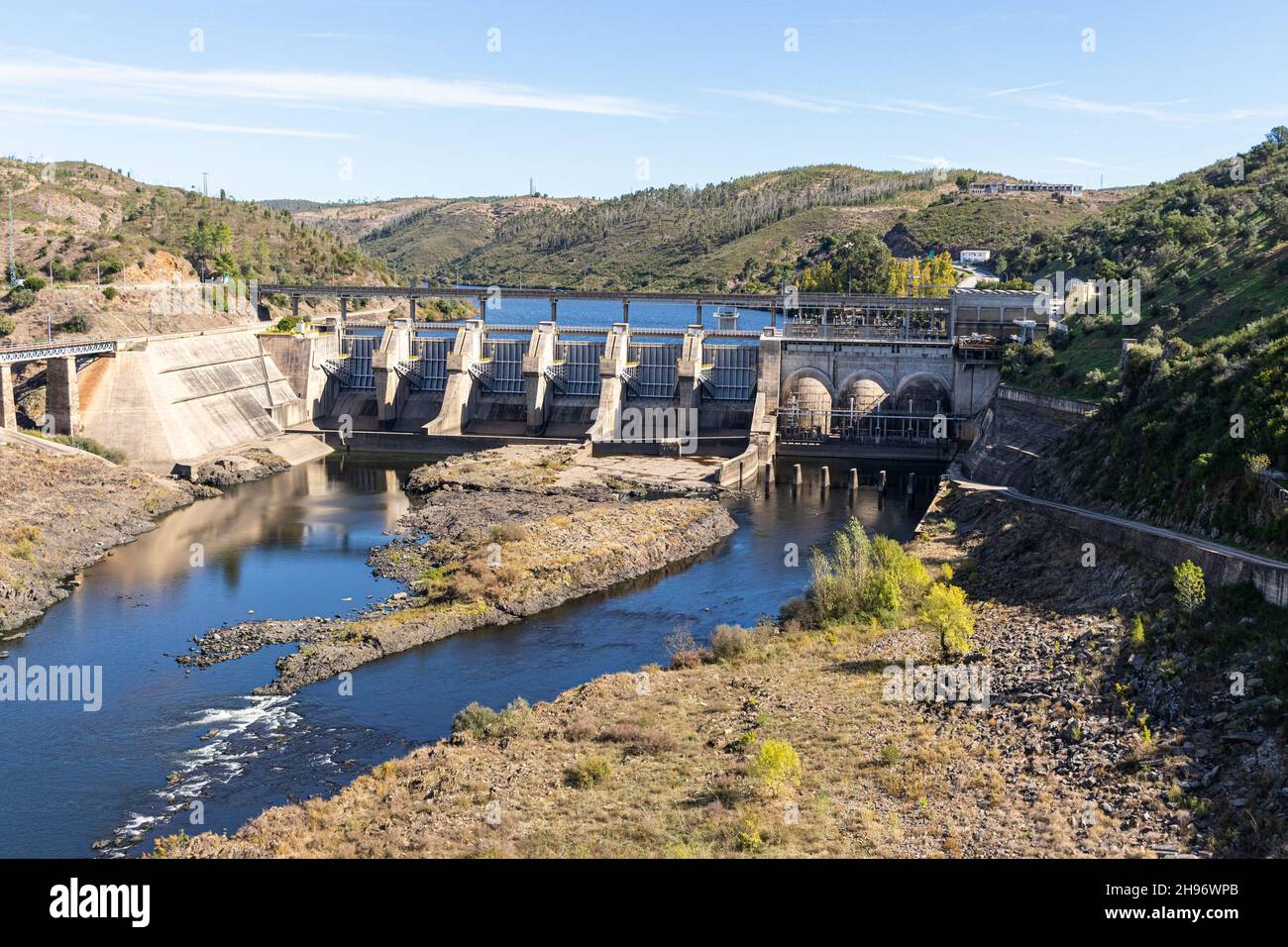 An aerial view of a water dam on a sunny morning Stock Photo - Alamy