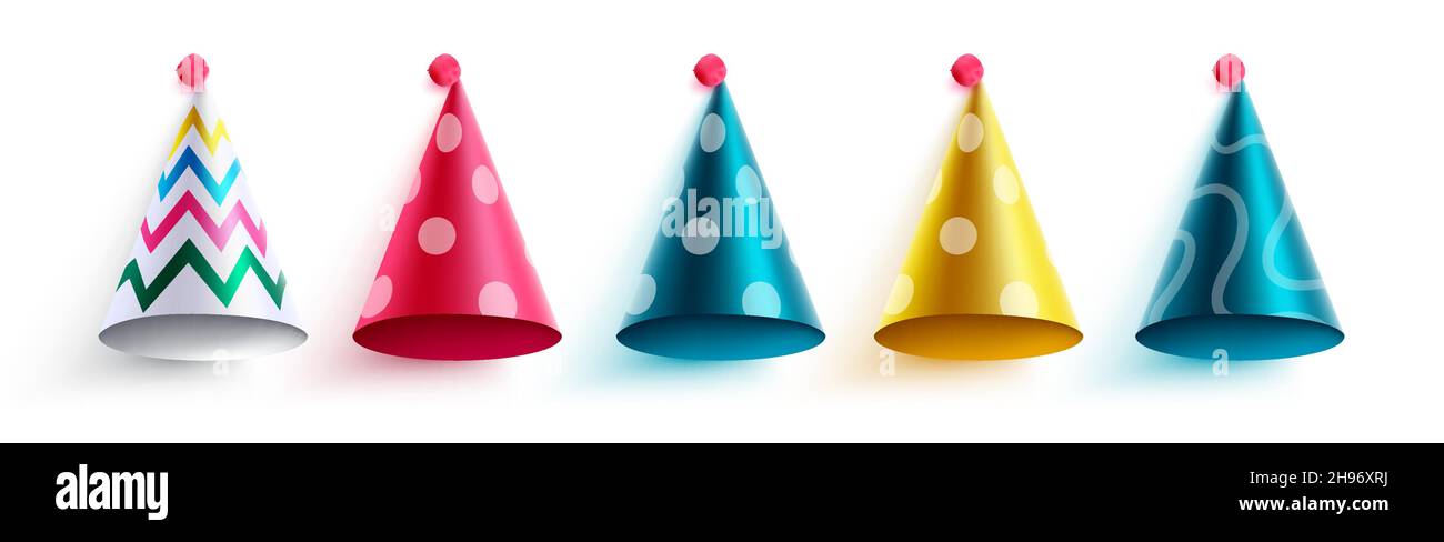 Birthday party hats vector design. Happy birthday text with colorful ...