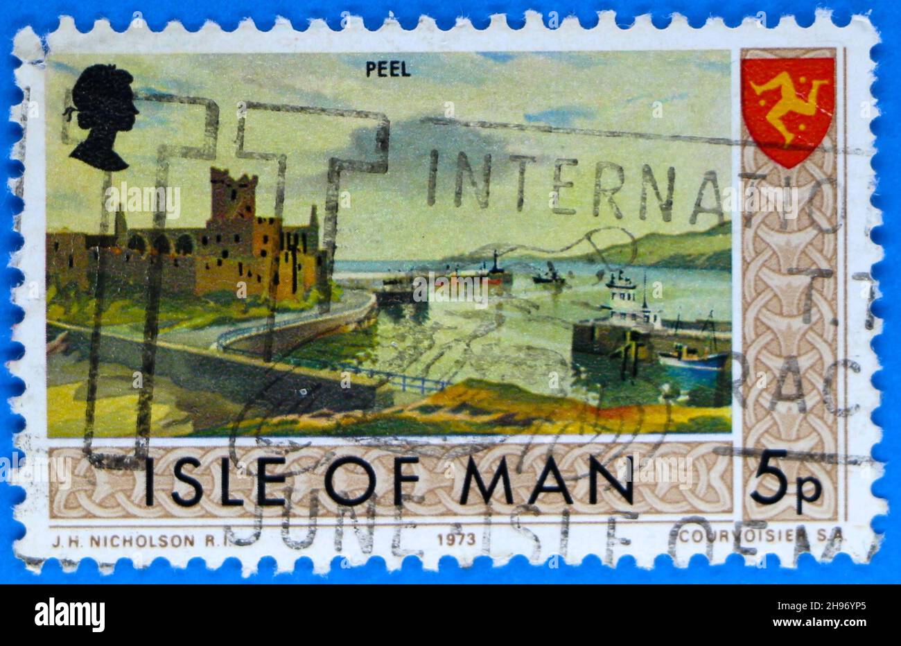 Photo of a 1973 Isle of Man 5p postage stamp with an illustration of ...