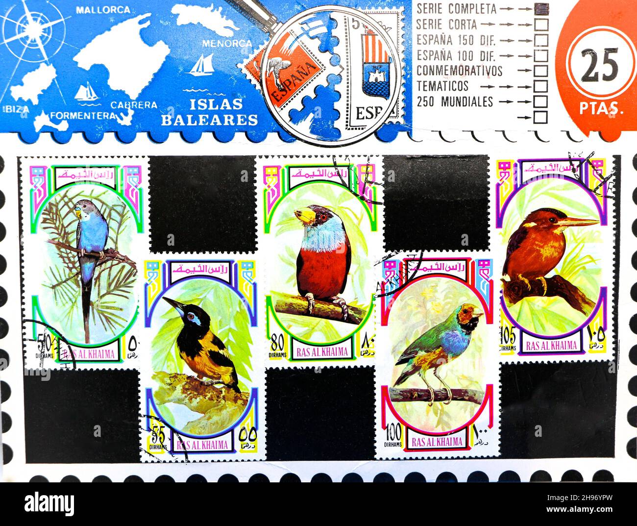 Photo of five postmarked postage stamps with illustrations of parrots ...