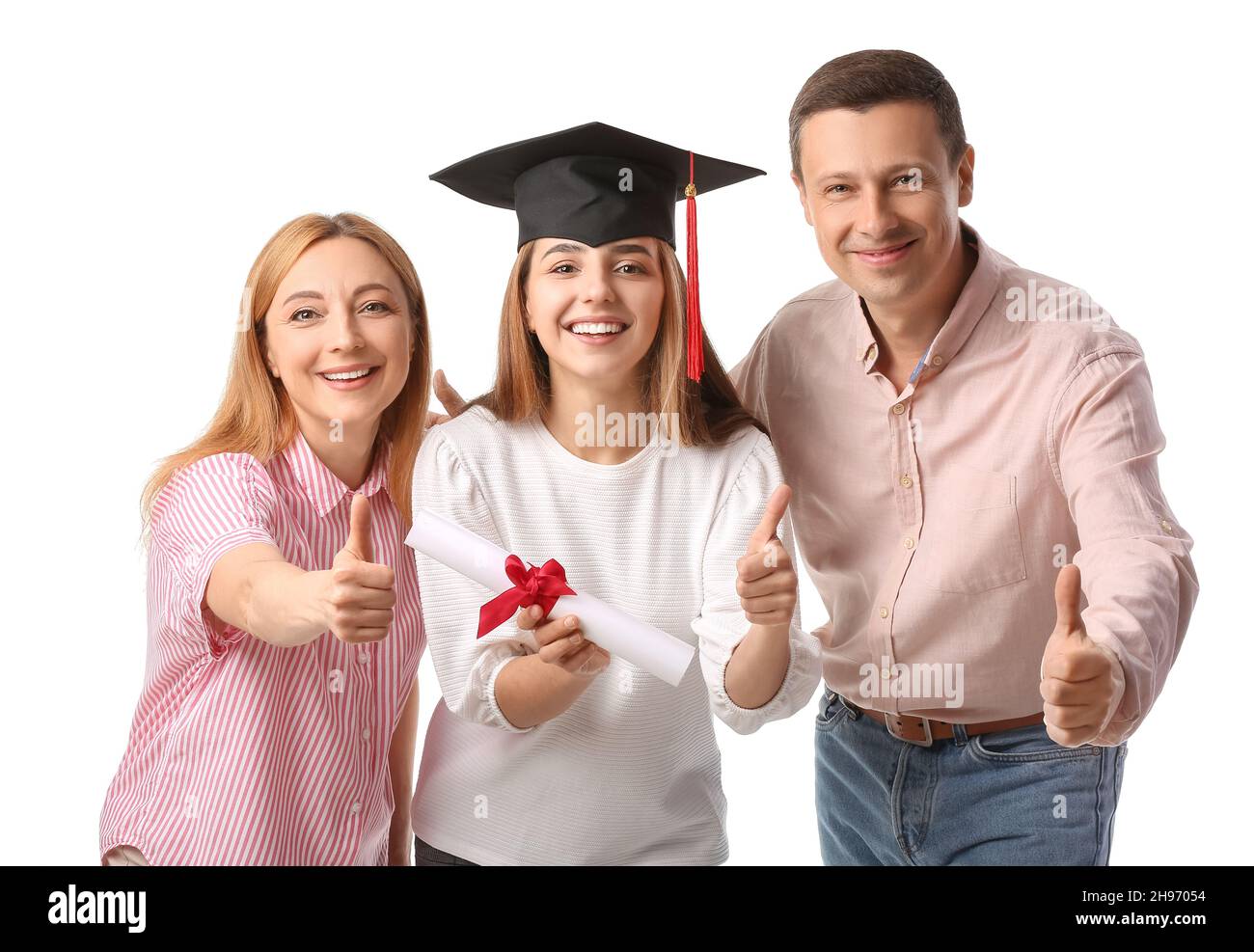 Happy female graduation student with her parents showing thumb-up ...