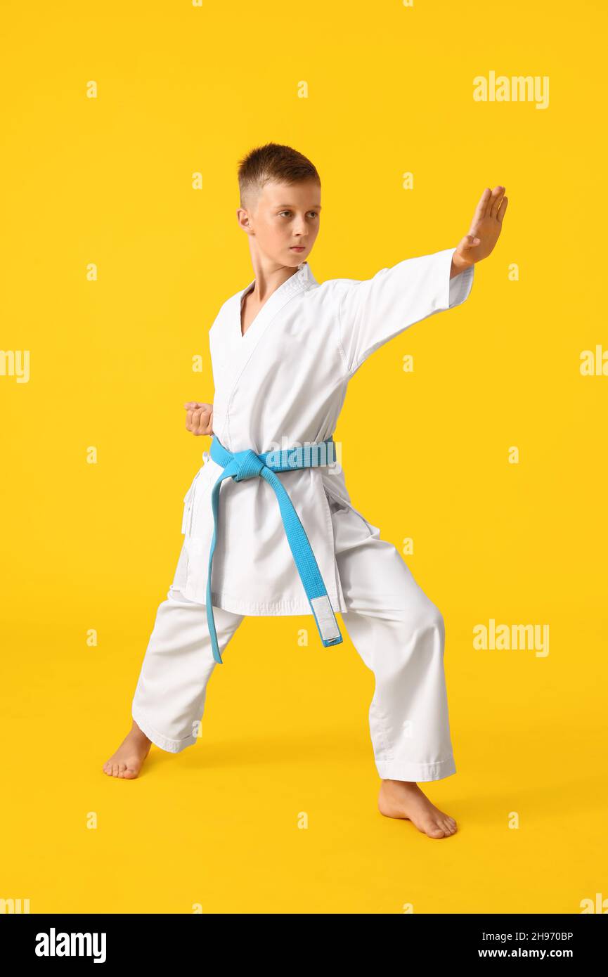 Little boy practicing karate on color background Stock Photo - Alamy
