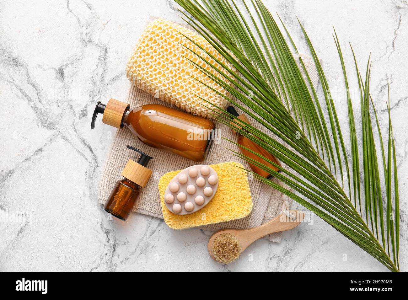 Set of bath supplies with sponges and palm leaf on light background ...