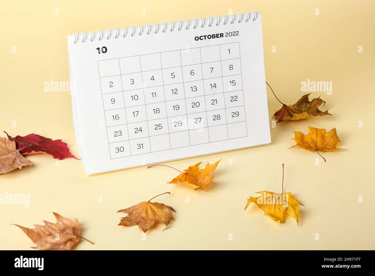 Flip paper calendar for October 2022 and dry leaves on color background ...