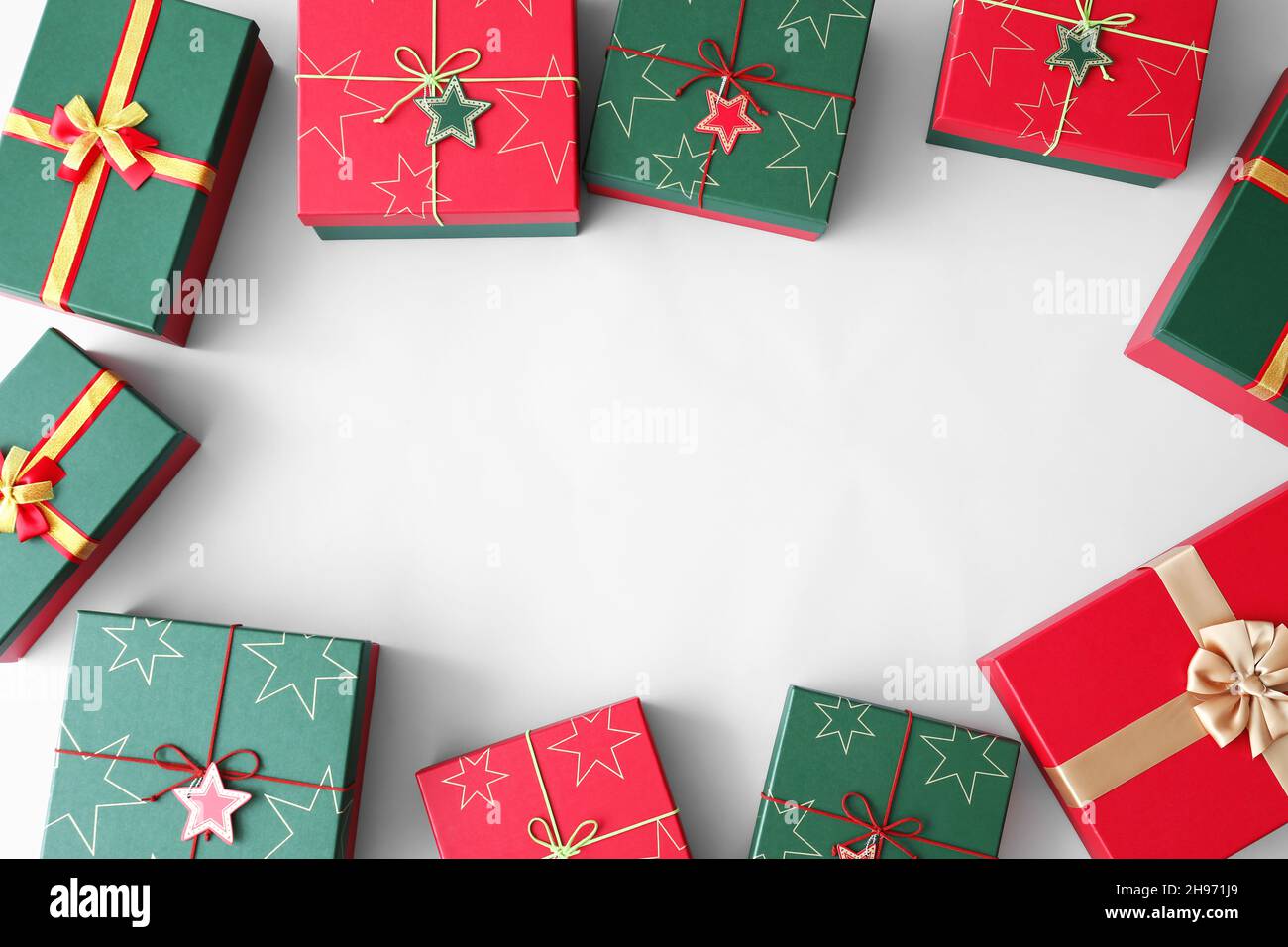 Frame made of Christmas gift boxes on white background Stock Photo - Alamy