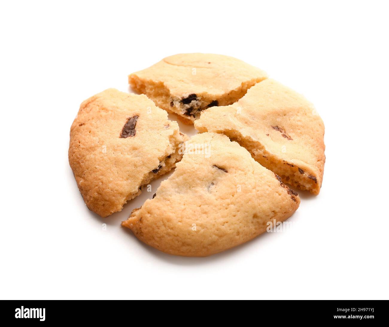 Broken cookie with chocolate chips on white background Stock Photo - Alamy
