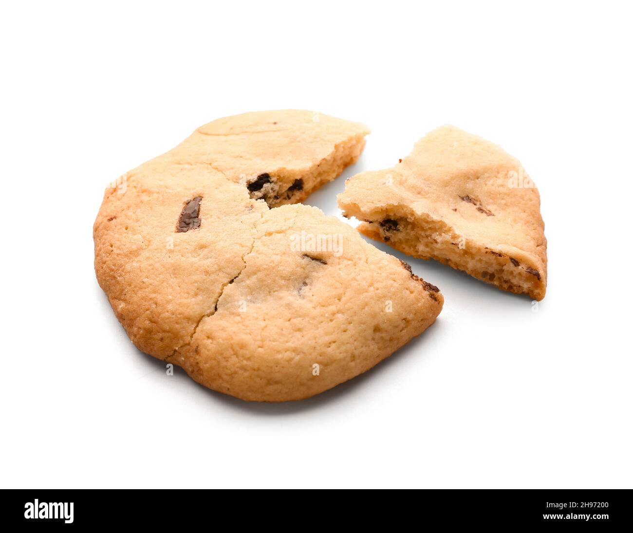 Broken cookie with chocolate chips on white background Stock Photo - Alamy