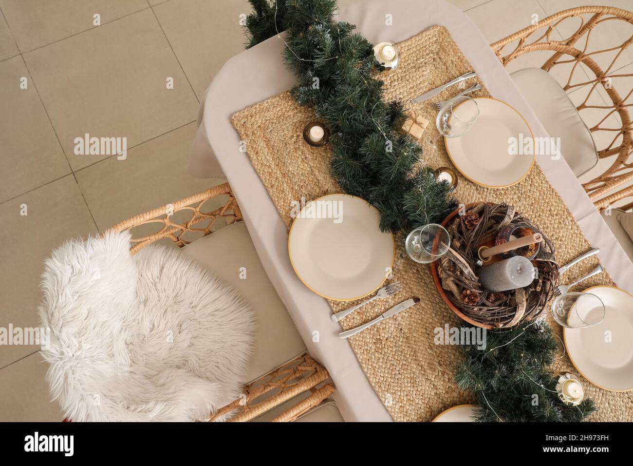 Dining table with beautiful setting for Christmas celebration, top view ...