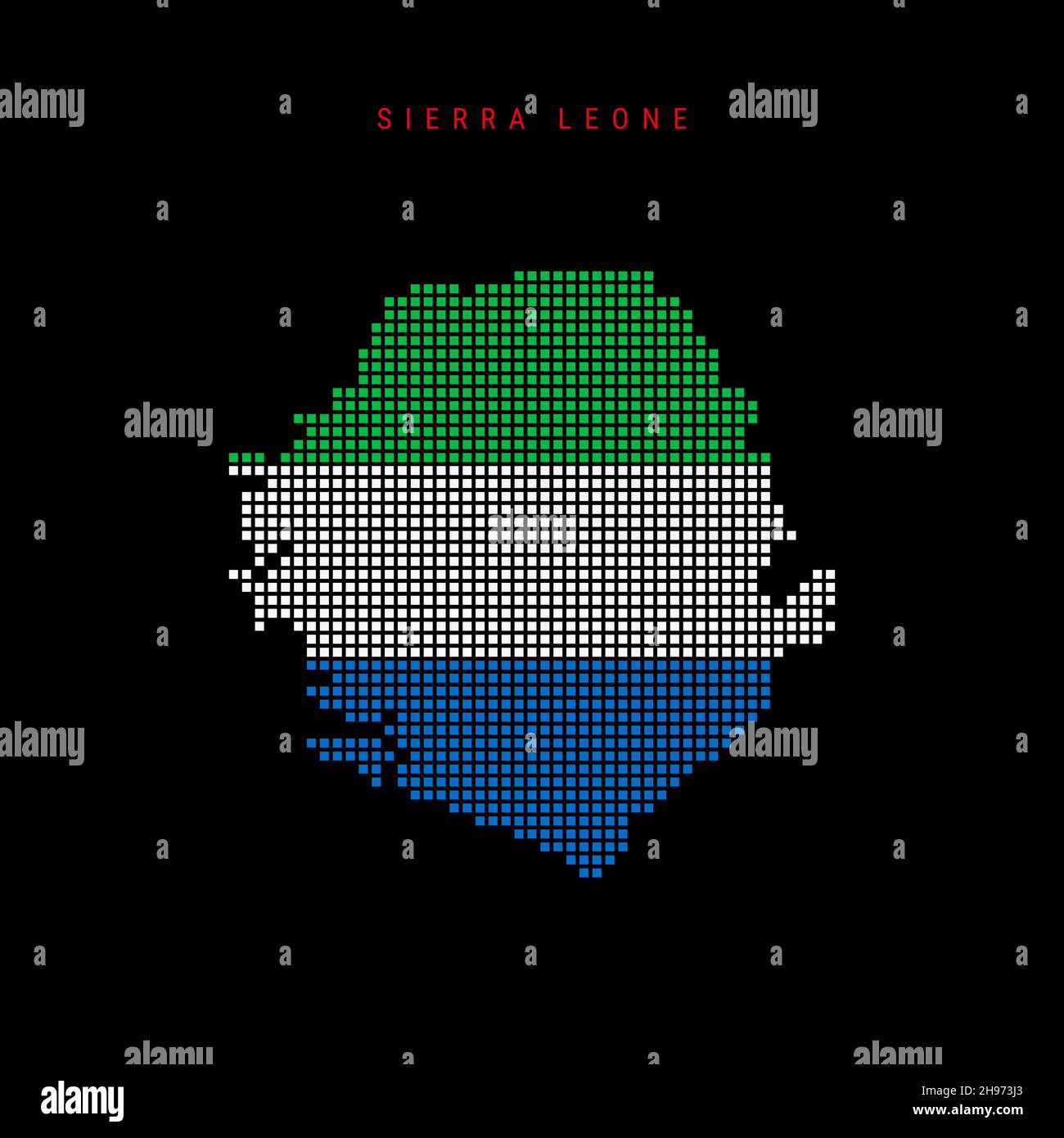 Square dots pattern map of Sierra Leone. Salone dotted pixel map with national flag colors ...