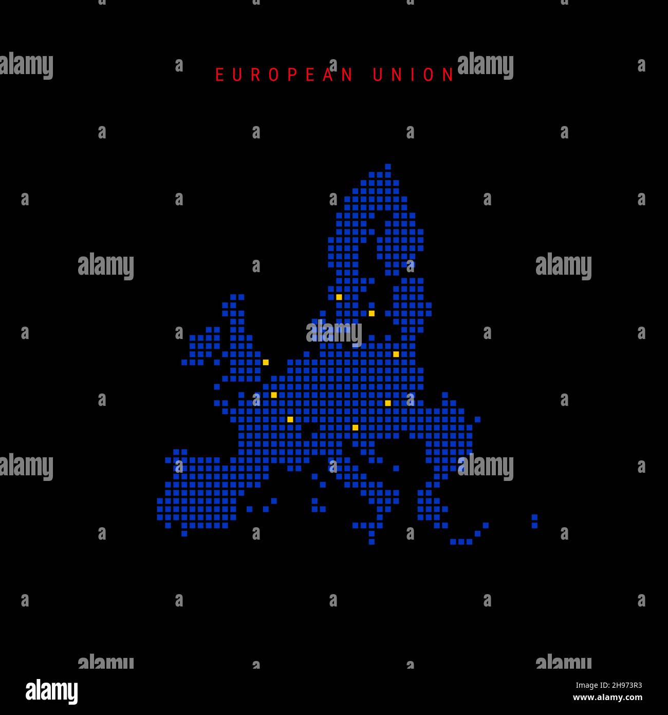 Square dots pattern map of European Union. EU dotted pixel map with national flag colors ...