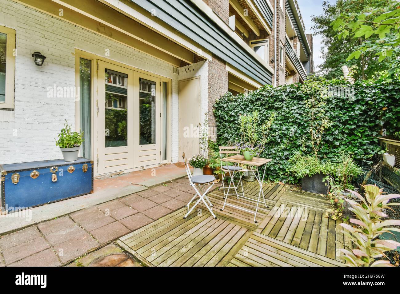 Green backyard of a house with wooden table and chairs and blue chest ...