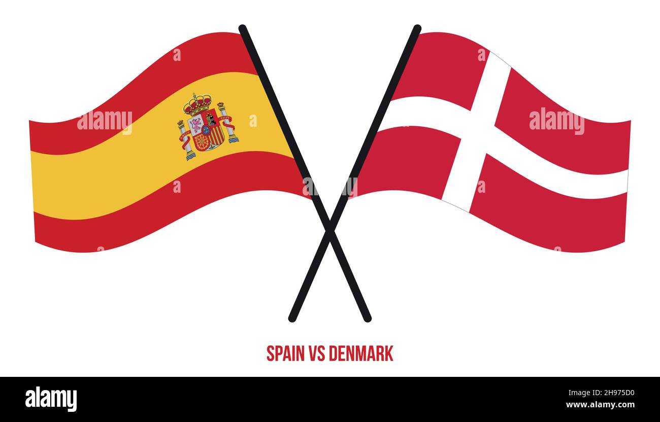 Spain and Denmark Flags Crossed And Waving Flat Style. Official ...