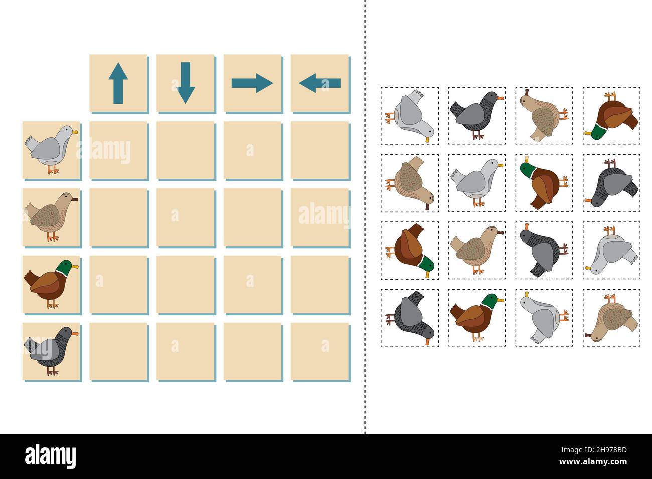 Match cartoon ducks and directions up, down, left and right ...