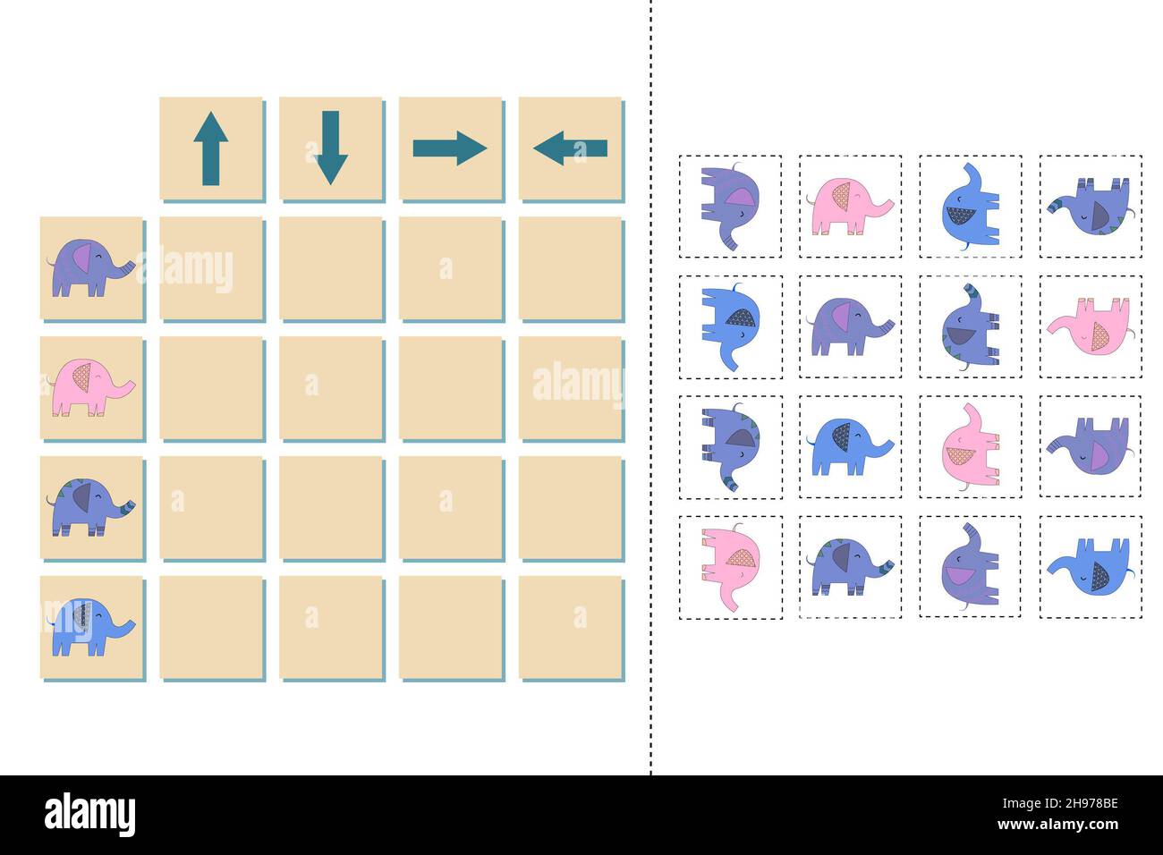 Match cartoon elephants and directions up, down, left and right ...
