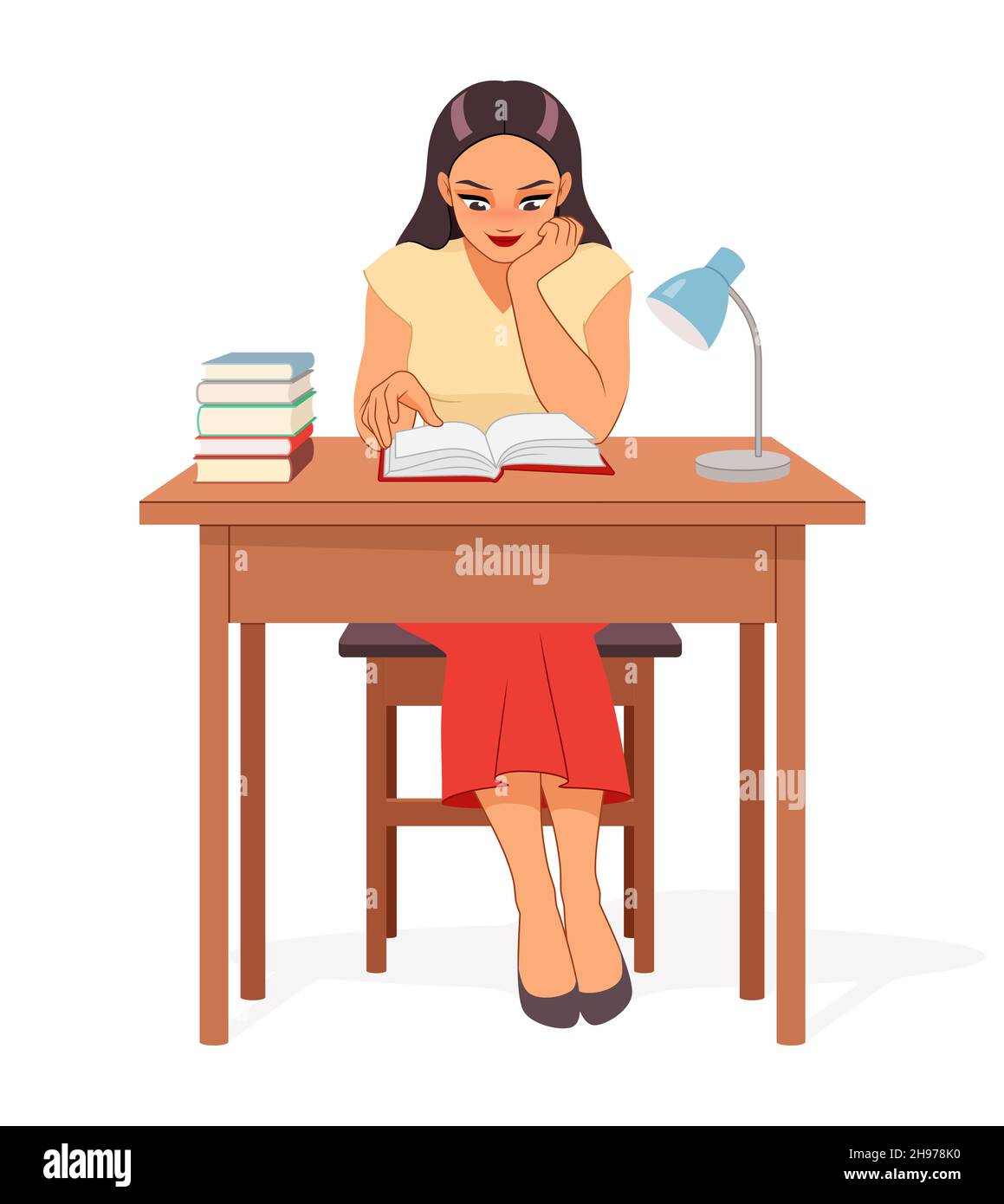 Young woman sitting at desk reading books. Student girl studying or ...