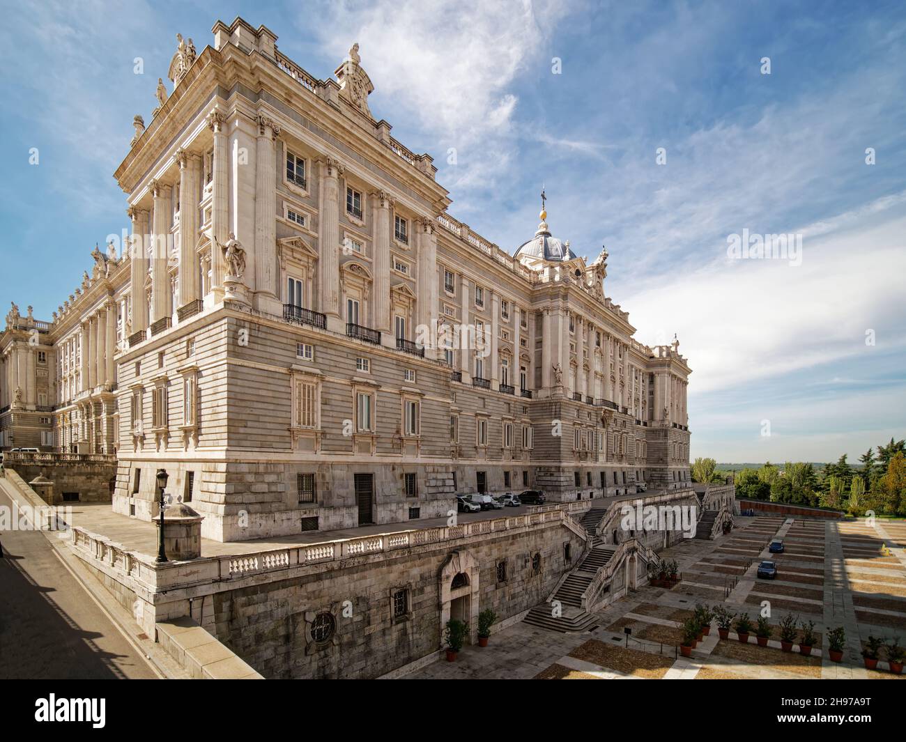 The side view of the Royal Palace of Madrid which is the former ...