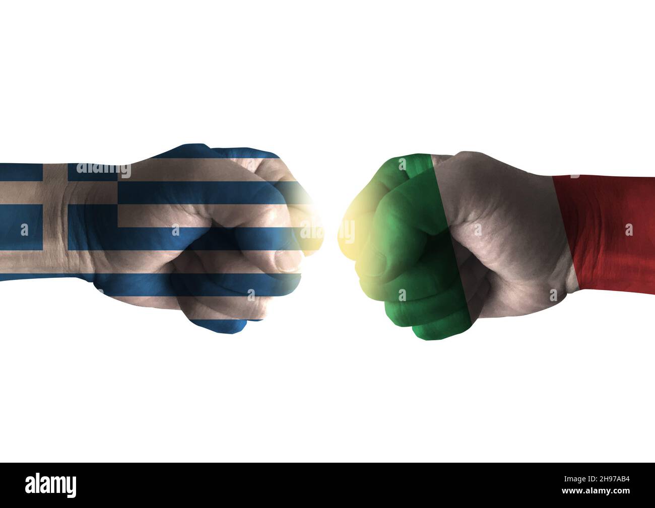 Greece VS italy. Fists with flags. Battle of two countries on white ...
